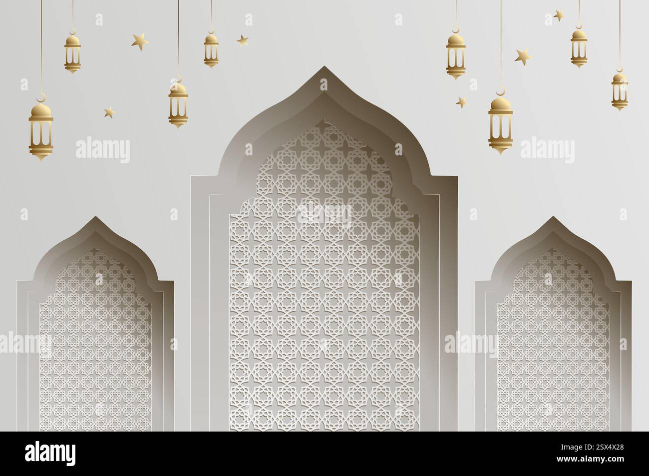 3D effect papercut style Islamic architecture window with lantern ...