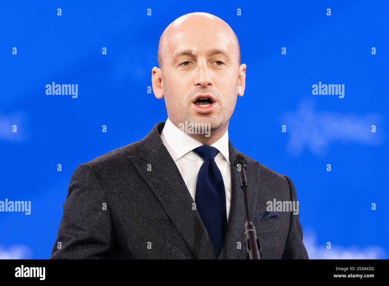National Harbor, USA. 22nd Feb, 2025. Stephen Miller speaks during 2025 ...