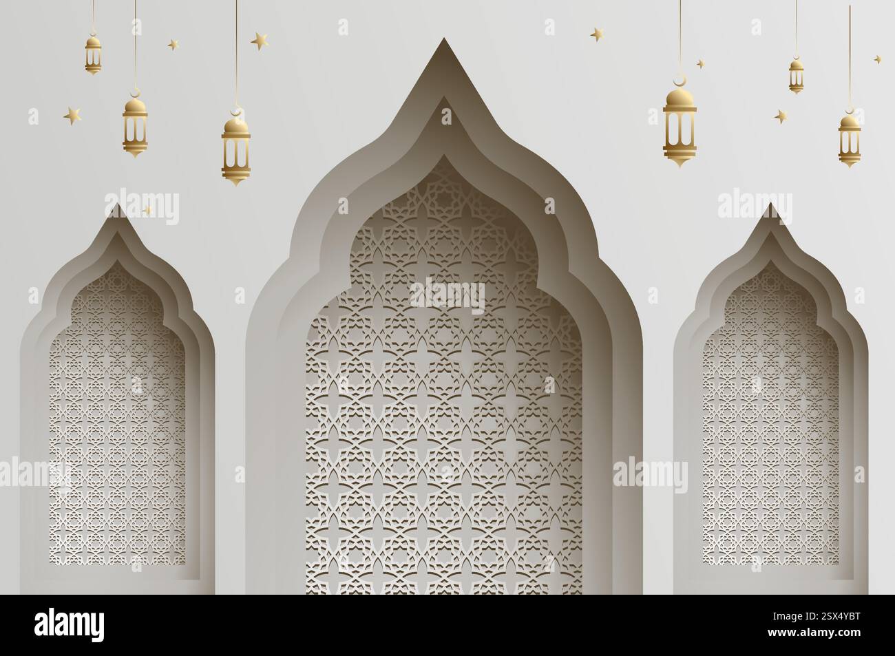 3D effect papercut style Islamic architecture window with lantern ...