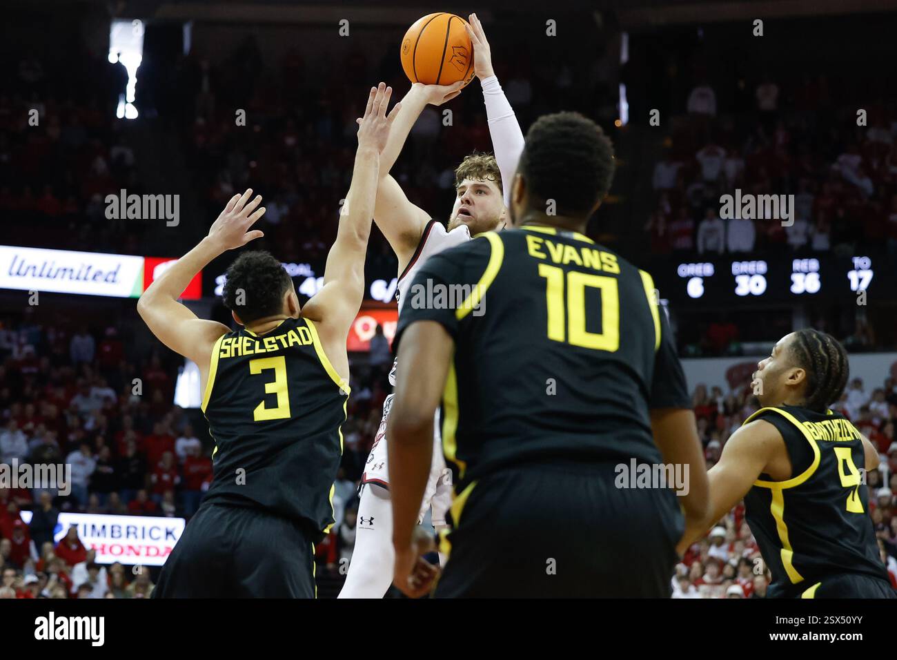 February 22, 2025: Wisconsin Badgers guard Max Klesmit (11) takes and ...