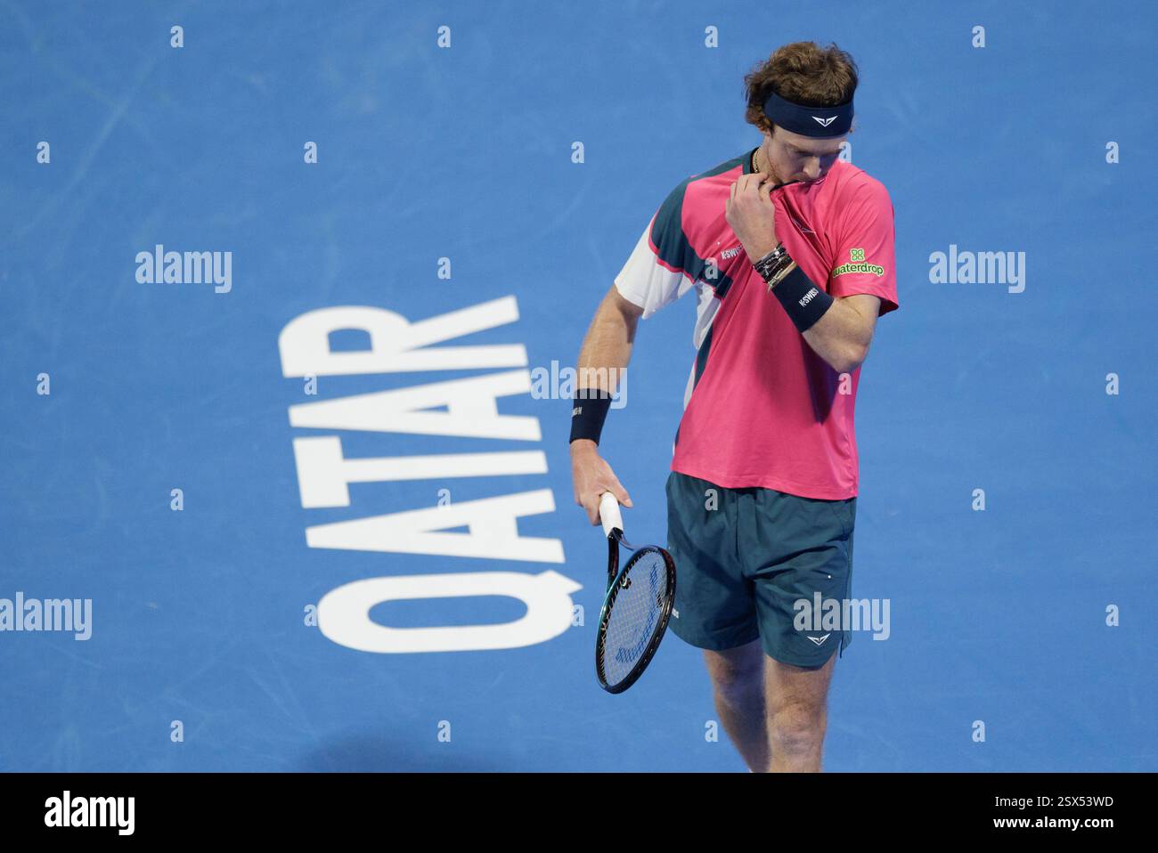 Doha, Qatar. 22nd Feb, 2025. Andrey Rublev of Russia during the 2025 Qatar ExxonMobil Open, ATP ...
