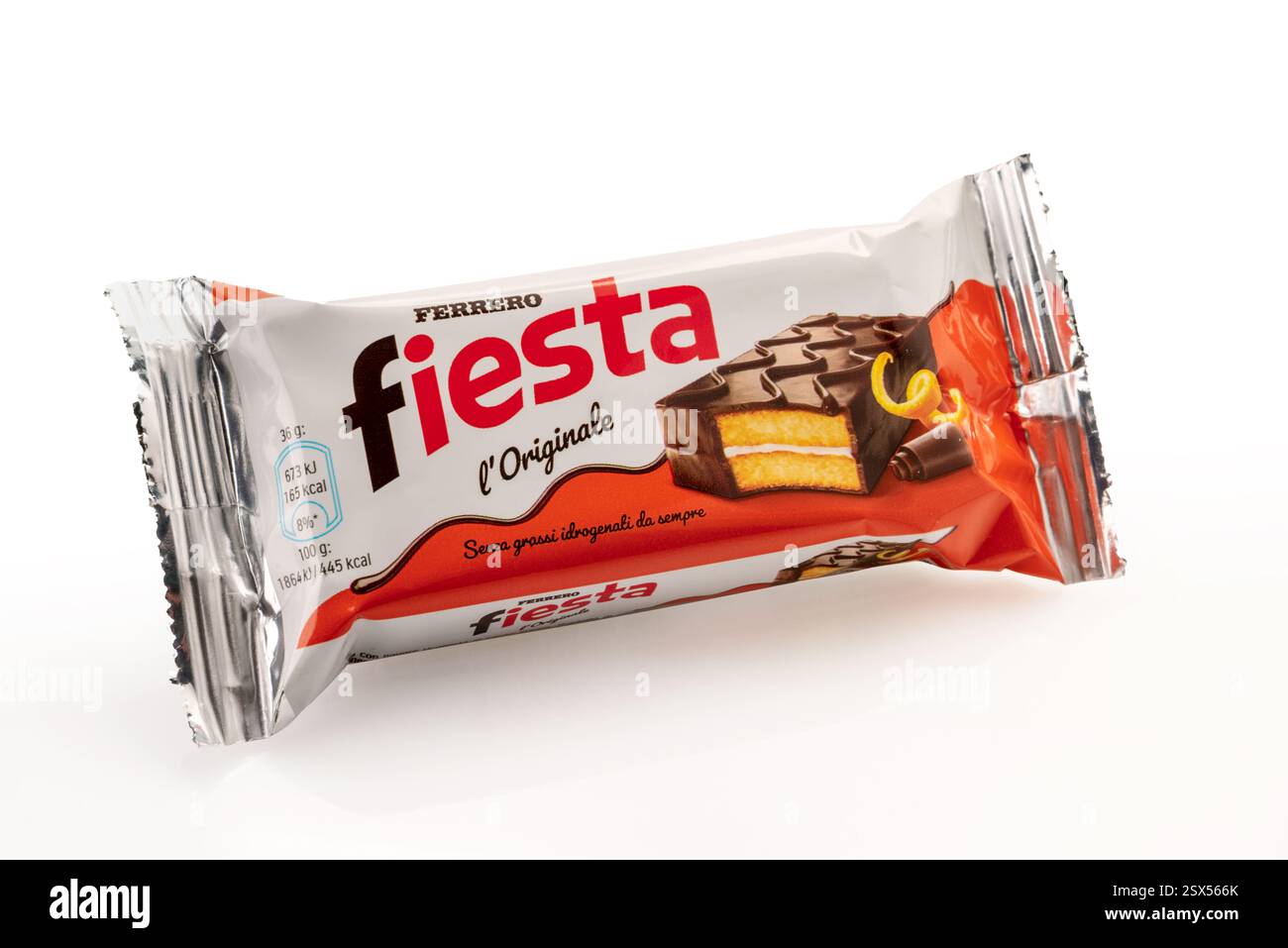 Alba, Italy - February 22, 2025: Fiesta Ferrero orange-flavored snack ...