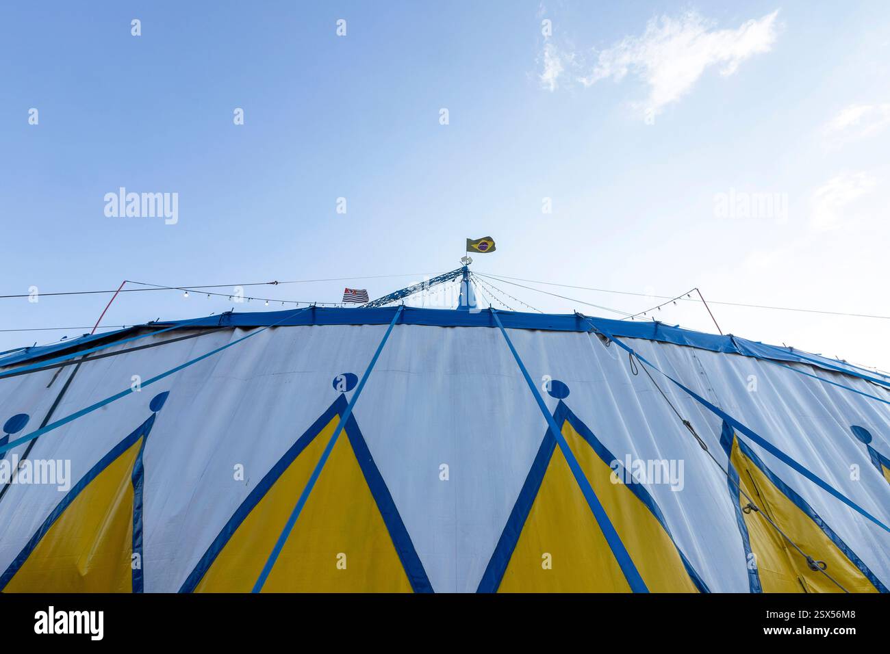 Circus tent blue, yellow and white pattern with brazilian flag, against ...