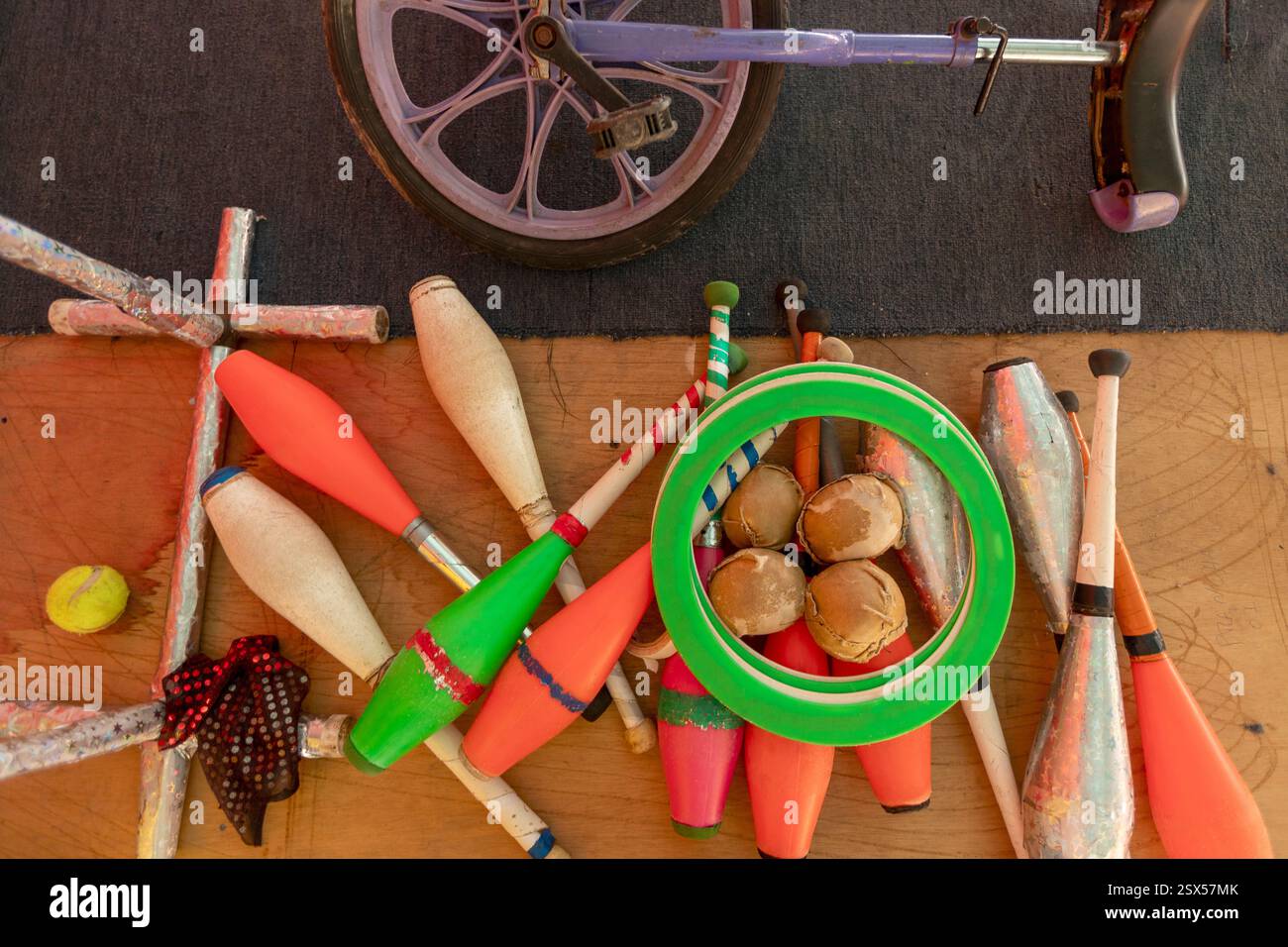Juggling accessories and equipment on a circus stage: clubs, ring ...