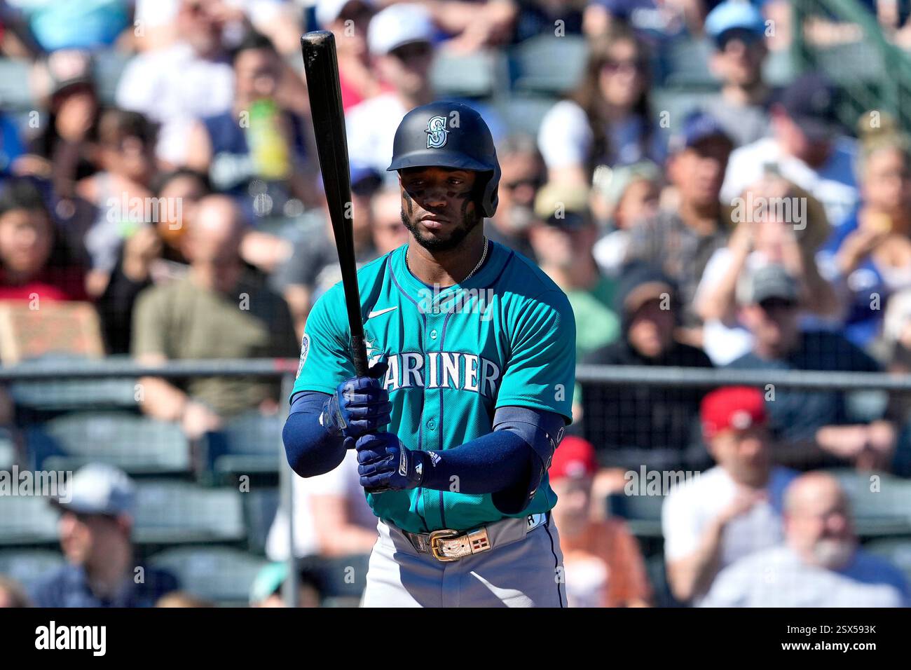 Seattle Mariners' Victor Robles hits against the Los Angeles Angels ...