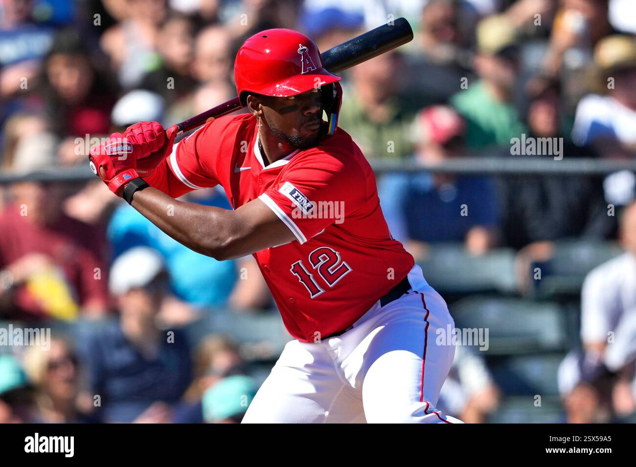 Los Angeles Angels' Jorge Soler hits against the Seattle Mariners ...