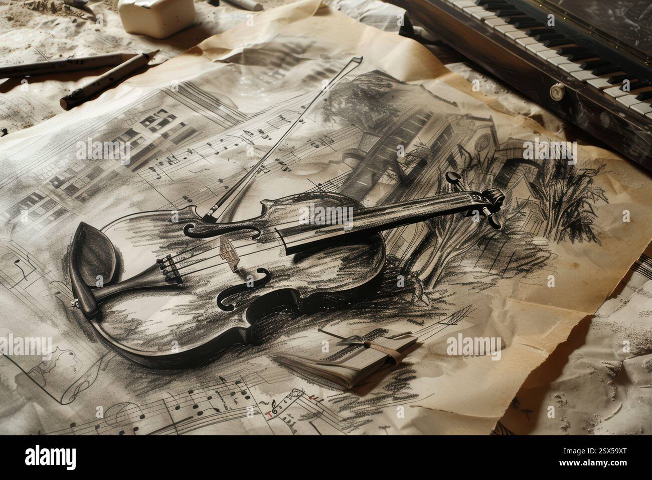 A detailed sketch of a vintage violin on aged sheet music evokes a ...