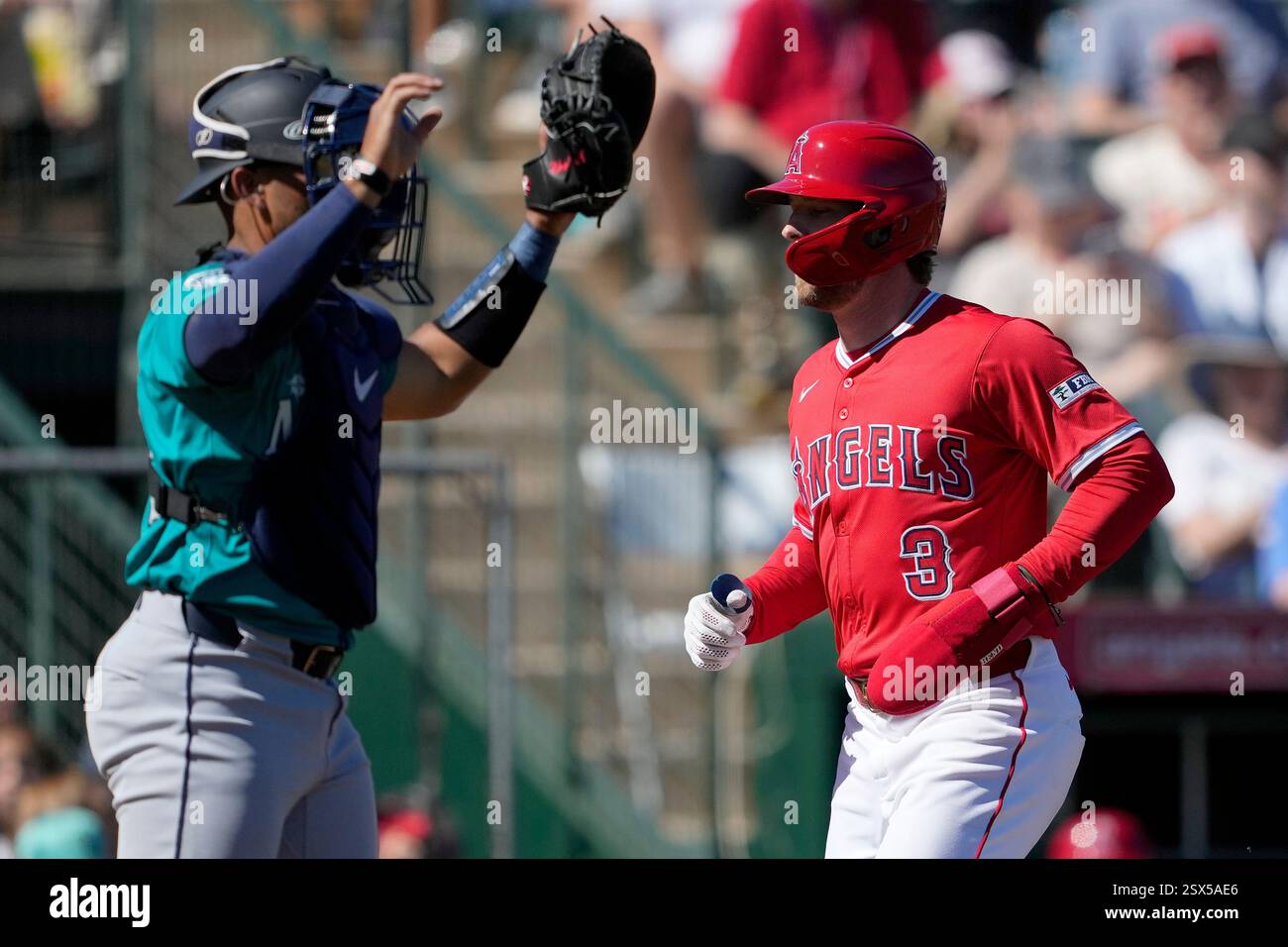 Los Angeles Angels' Taylor Ward (3) scores on a double hit by Logan O ...