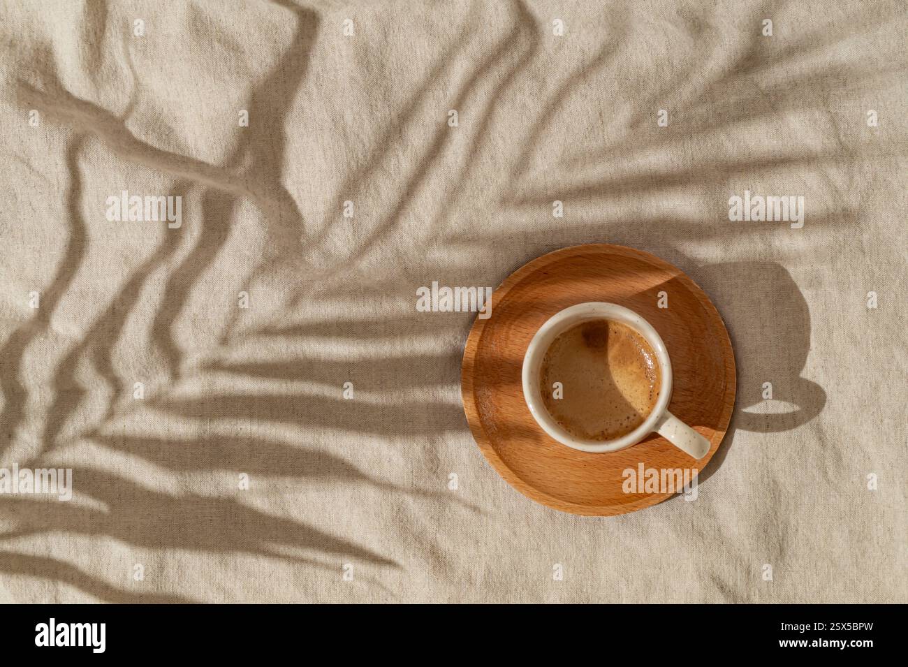 Summer day scene made with cup of coffee and tropical palm tree leaf ...