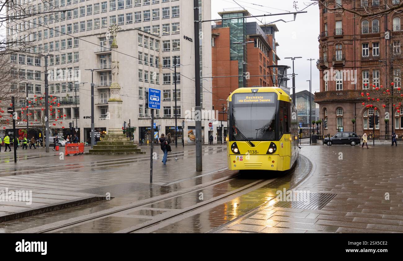Manchester, uk, January 19th 2025 famous yellow Metrolink Tram at St ...
