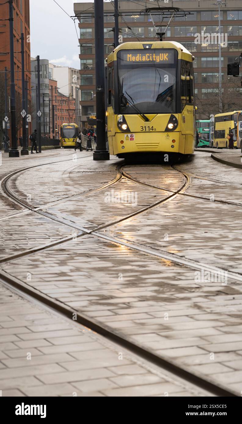 Manchester, uk, January 19th 2025 famous yellow Metrolink Tram at St ...