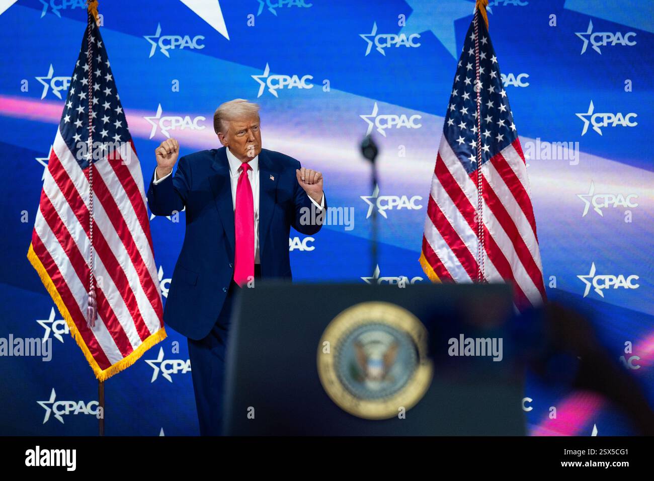 United States President President Donald J Trump exits the stage at the ...