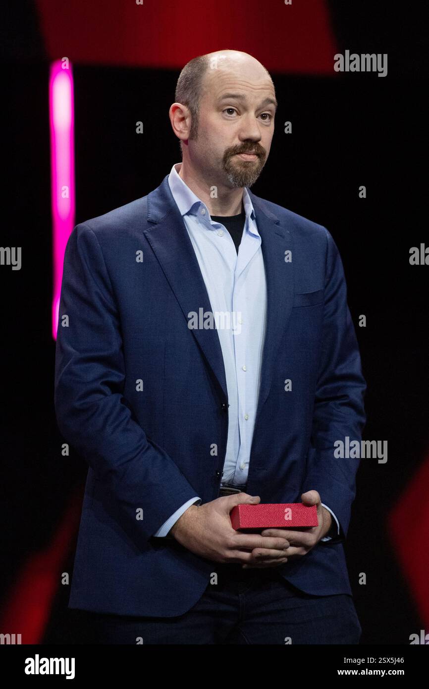 Berlin, Germany. 22nd Feb, 2025. Lance Kramer accepts the Berlinale documentary award for the ...