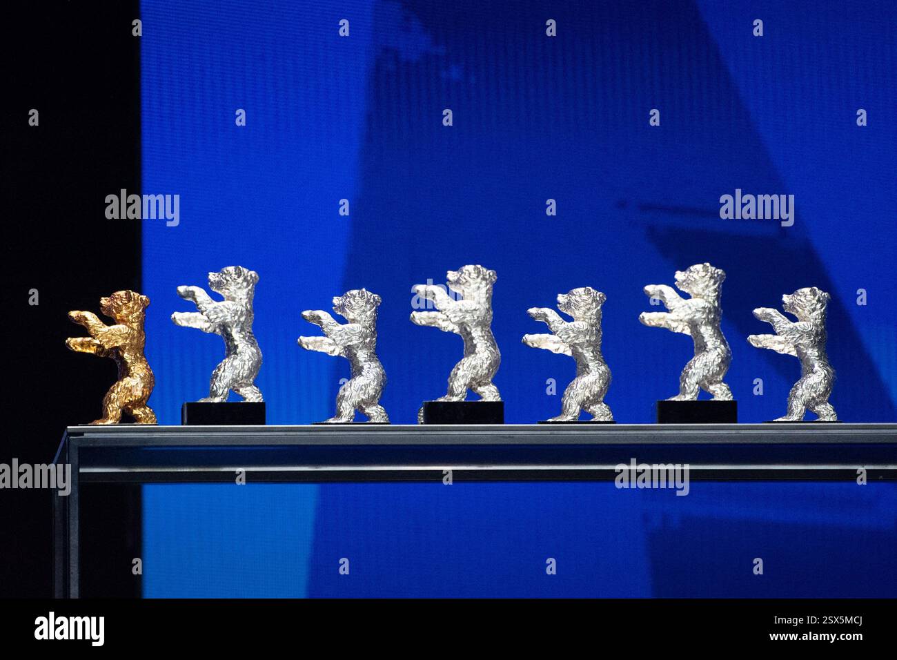 Berlin, Germany. 22nd Feb, 2025. The Golden Bear and the Silver Bears Awards are seen on stage ...