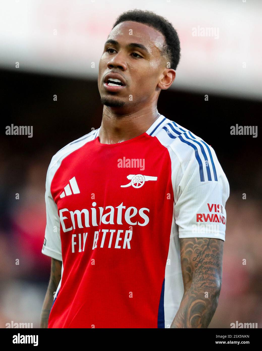 Gabriel of Arsenal reacts during the Premier League match Arsenal vs ...