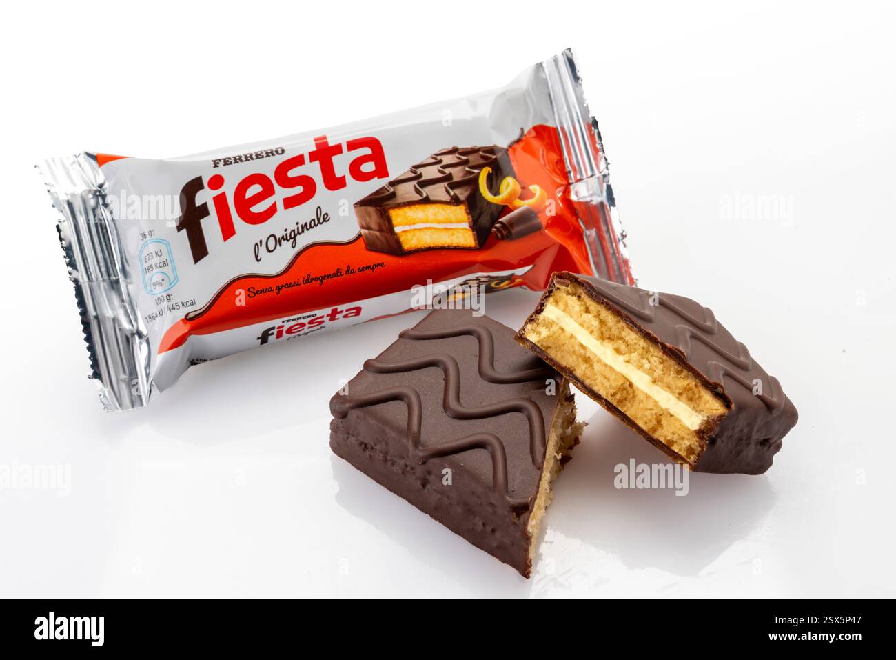 Alba, Italy - February 22, 2025: Fiesta Ferrero orange-flavored snack ...