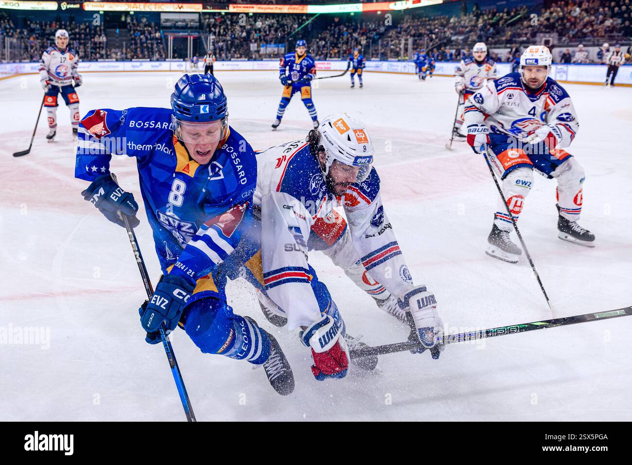 Fredrik Olofsson #8 (EV Zug) and Willy Riedi #8 (ZSC Lions) fight on ...