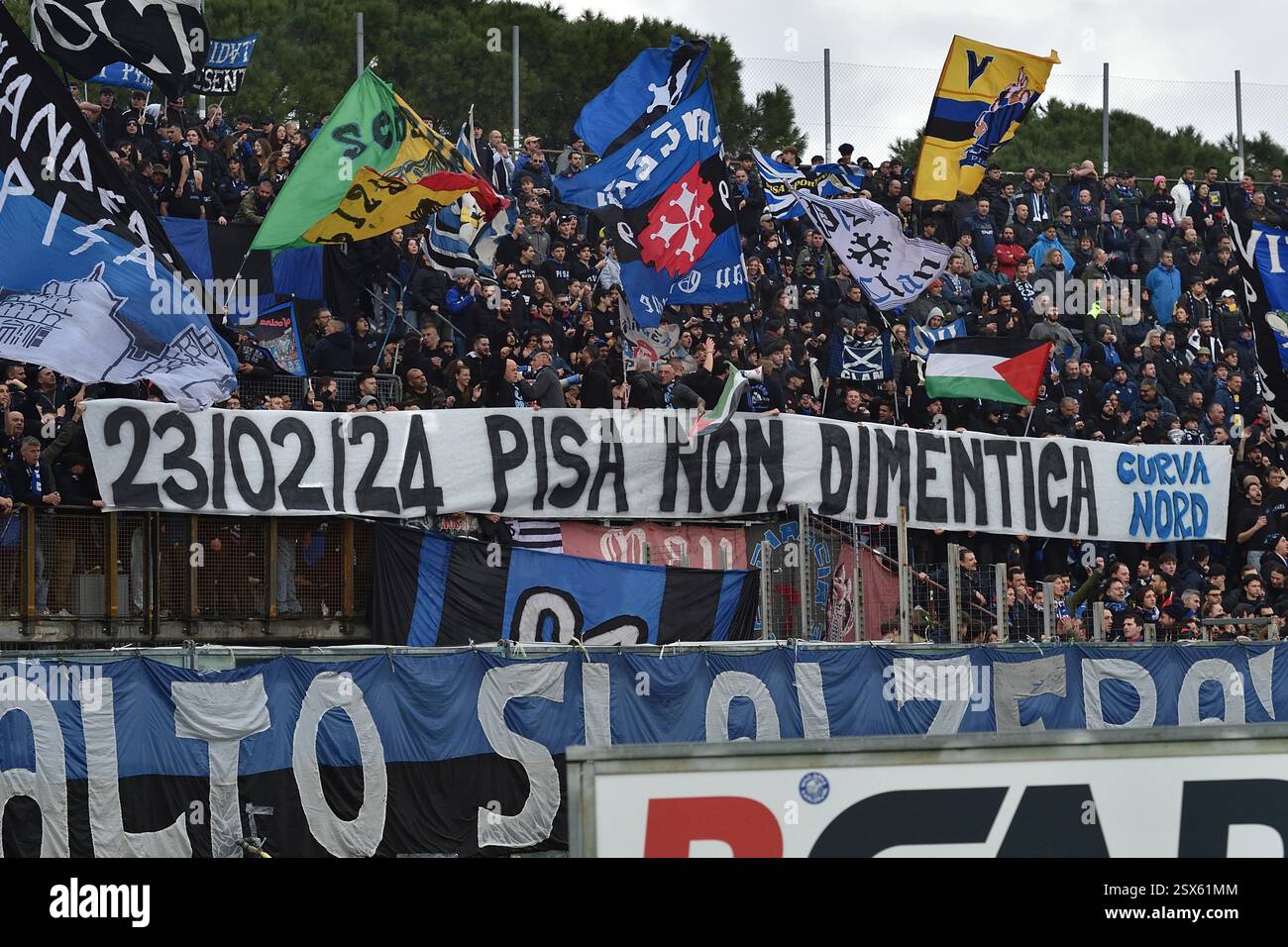 Pisa, Italy. 22nd Feb, 2025. Fans of Pisa show a banner during AC Pisa ...