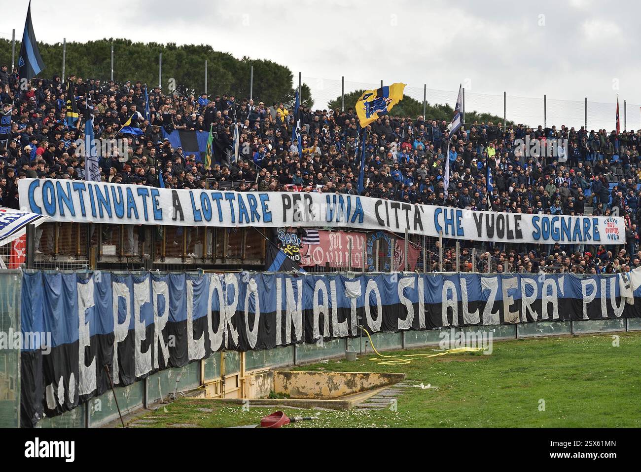 Pisa, Italy. 22nd Feb, 2025. Fans of Pisa show a banner during AC Pisa ...