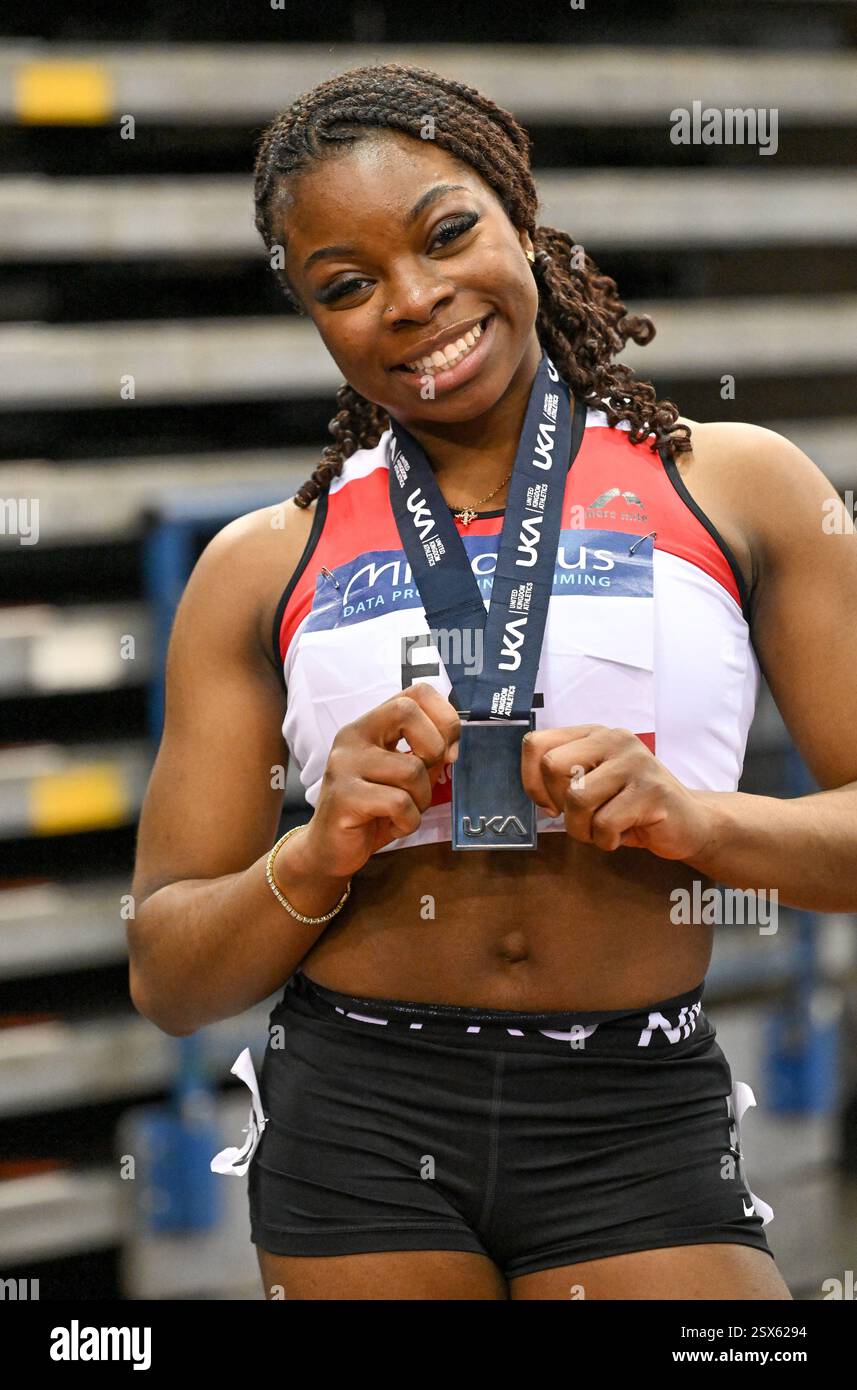 Birmingham, UK. 22nd Feb, 2025. EZE Joy wins the silver in the Womens 60m sprint during the ...