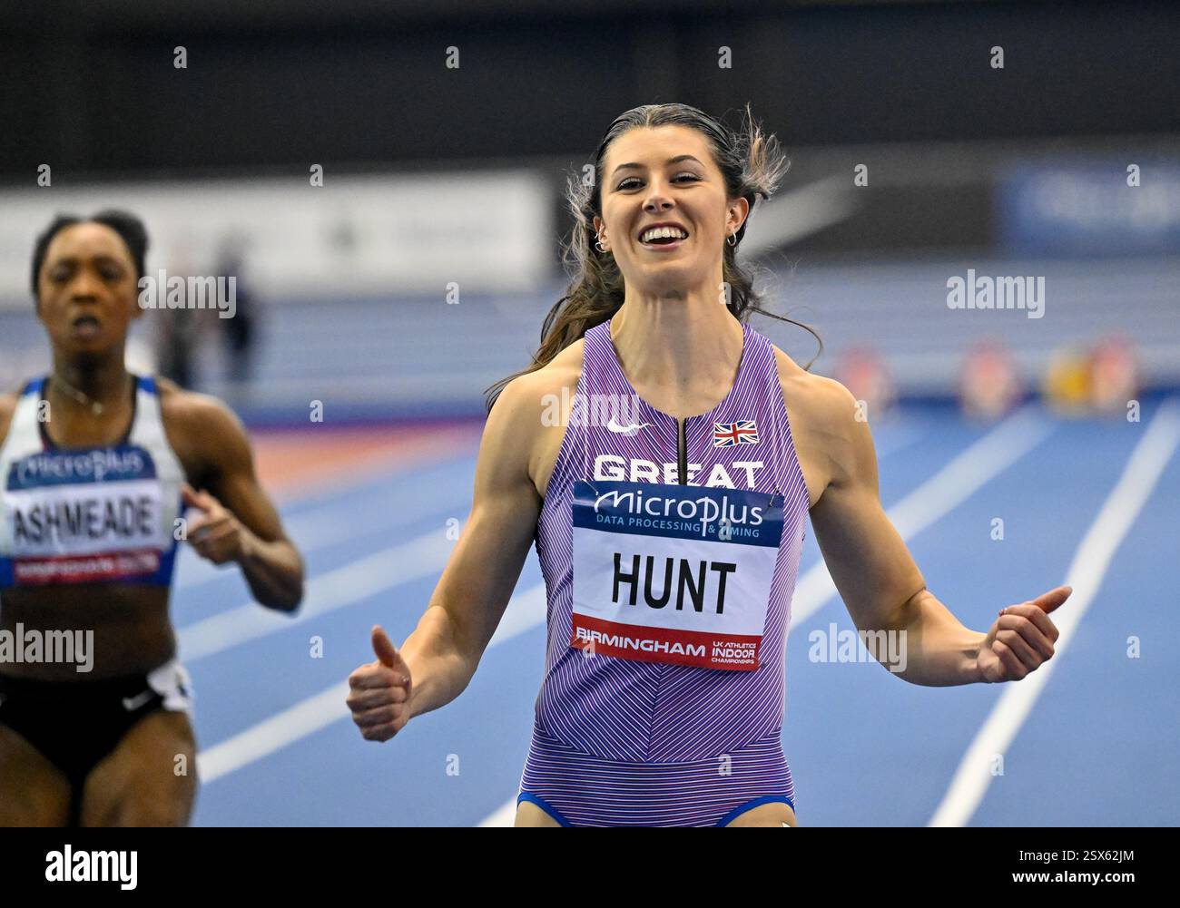 Birmingham, UK. 22nd Feb, 2025. Amy HUNT wins her heat of the 60m sprint during the Microplus UK ...