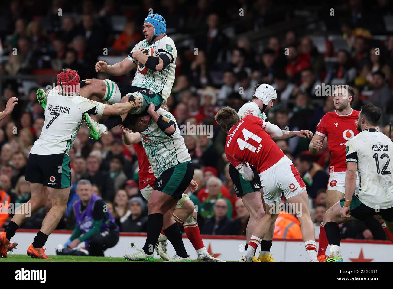 Cardiff, UK. 22nd Feb, 2025. Tadhg Beirne of Ireland catches a high ...