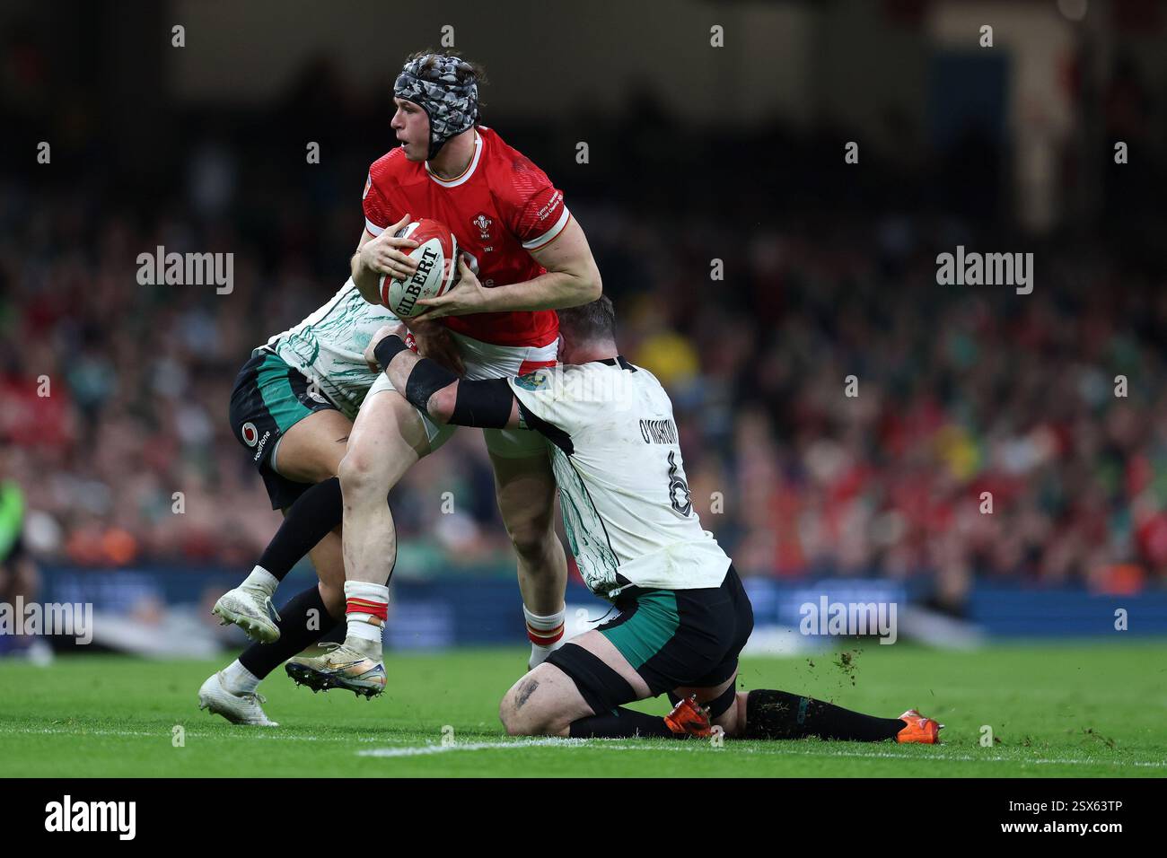 Tom Rogers of Wales is tackled. Guinness Six Nations championship 2025 ...