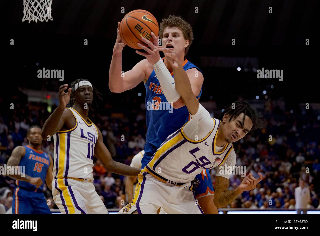 Florida center Micah Handlogten (3) battles LSU guard Vyctorius Miller ...