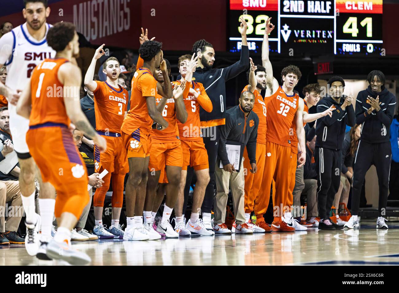 Dallas, Texas, USA. 22nd Feb, 2025. The Clemson bench celebrates after ...