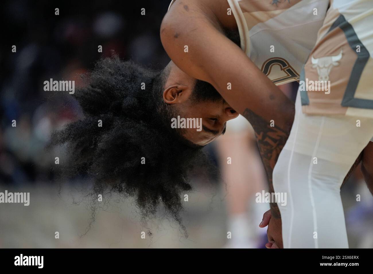 Chicago Bulls guard Coby White (0) reacts after losing to the Phoenix ...