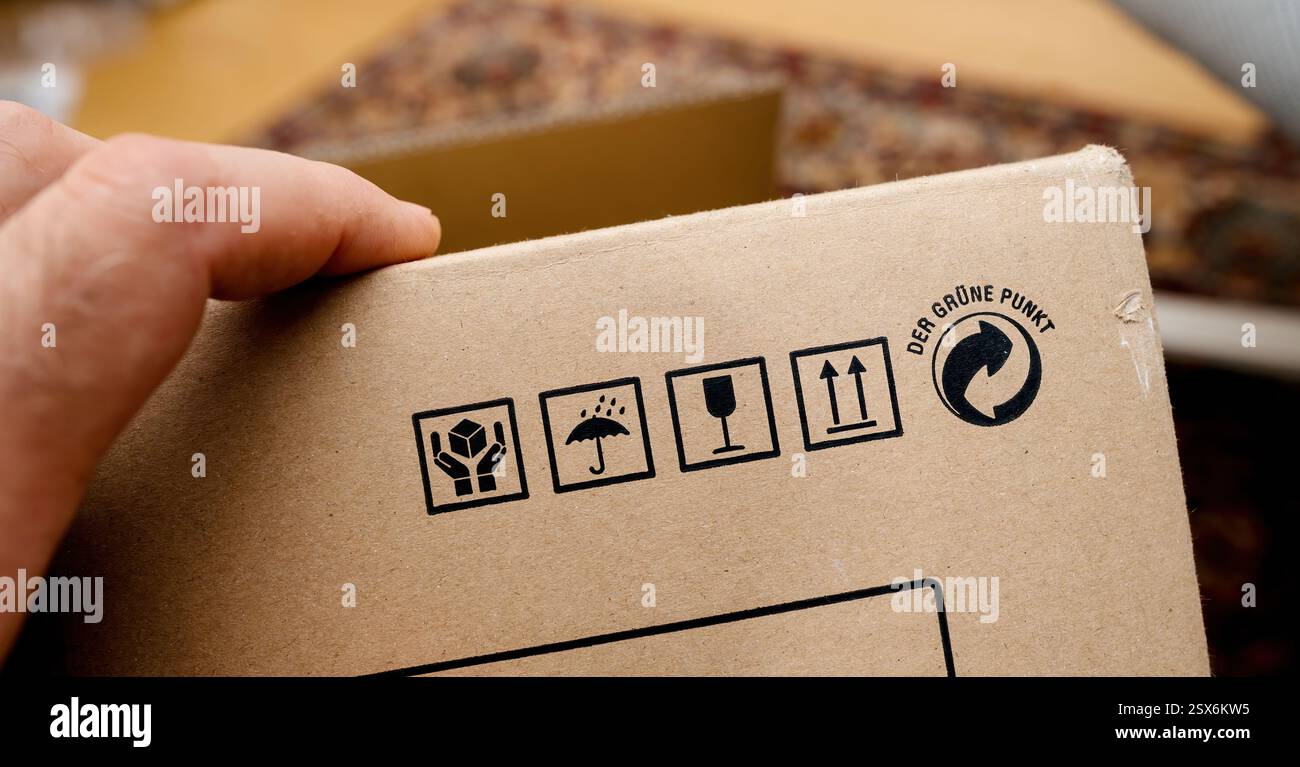 A person holds a Hi-Fi equipment package made of cardboard, featuring ...