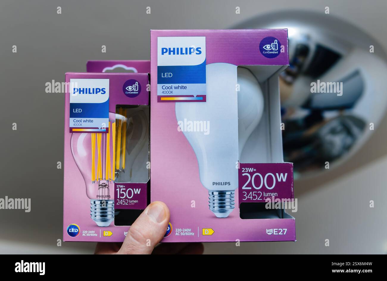 Paris, France - Feb 17, 2025: Two Philips LED bulb boxes, one filament ...