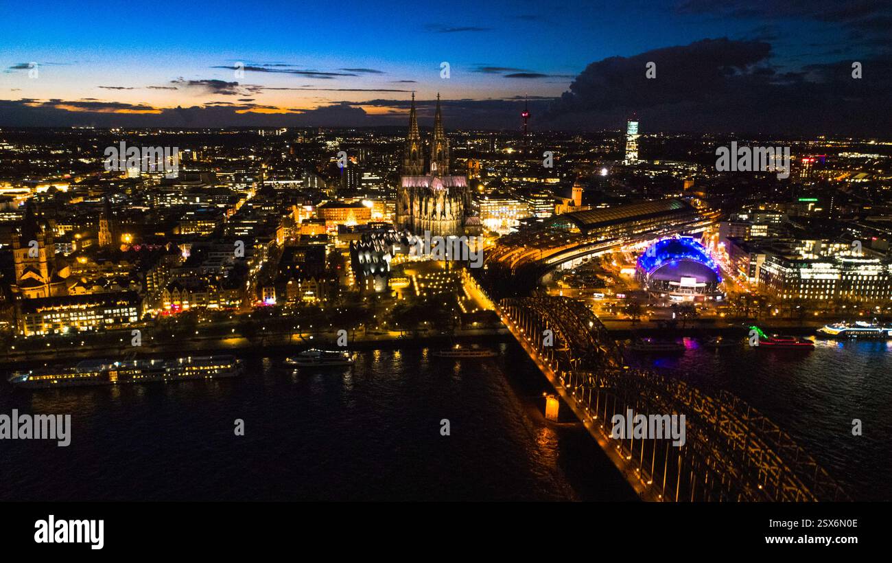 Night drone view of centrum of Cologne in Germany by sunset. Seen ...