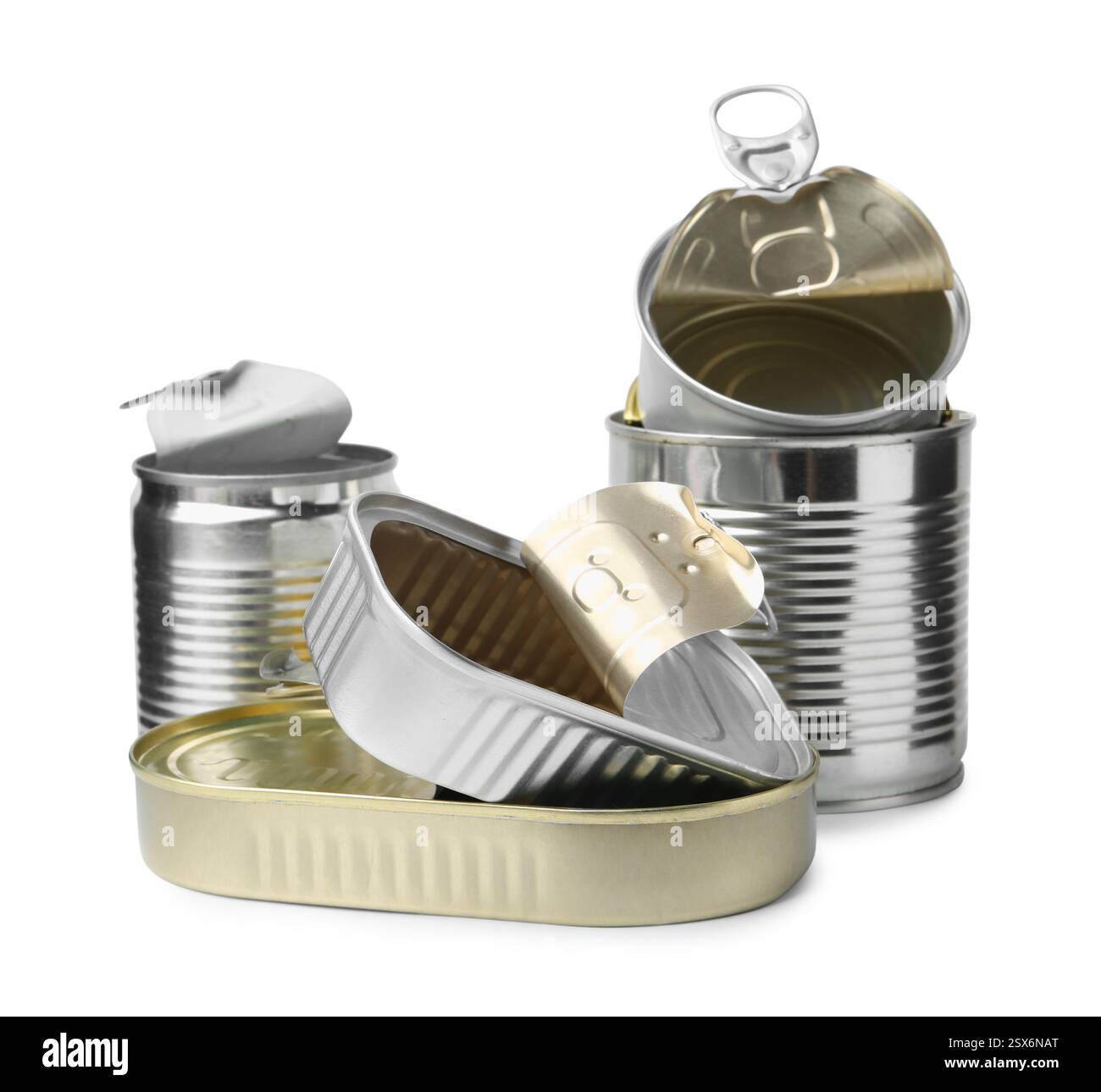 Many open tin cans isolated on white Stock Photo - Alamy