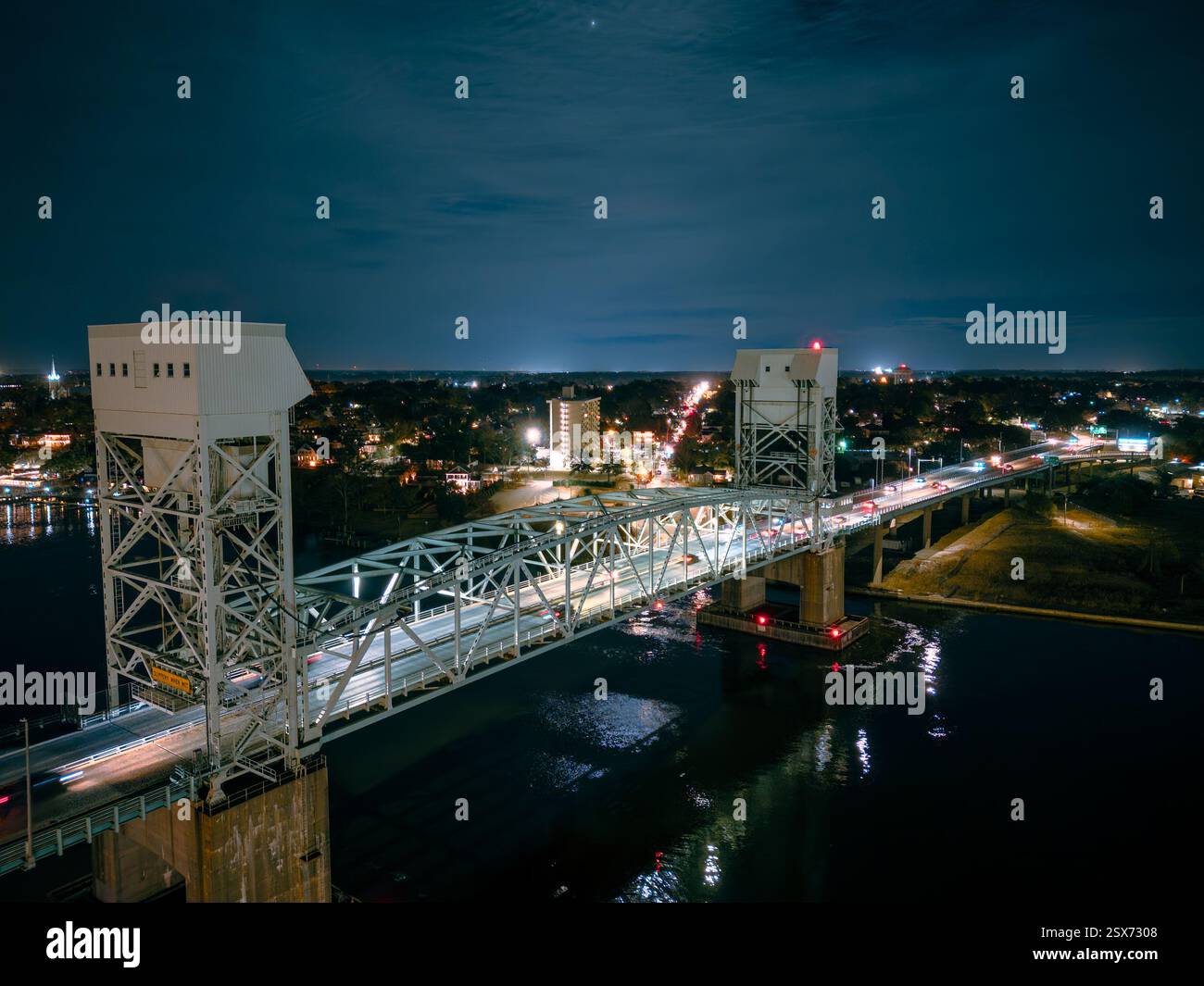 A drone view of the Cape Fear Memorial Draw bridge crossing the Cape ...