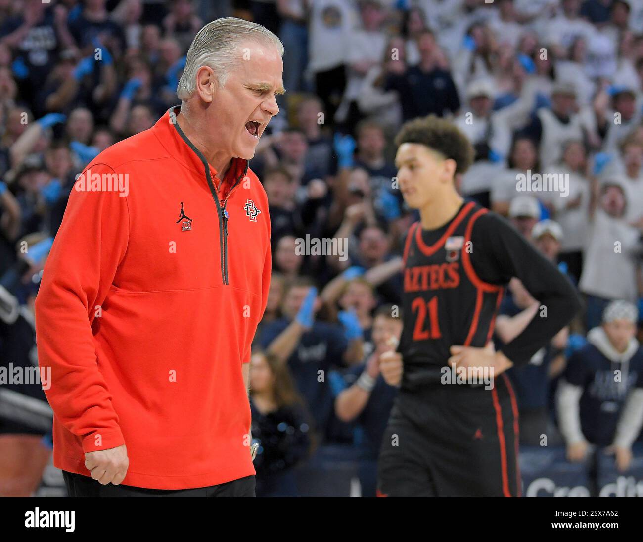 San Diego State head coach Brian Dutcher argues with the referee in the ...