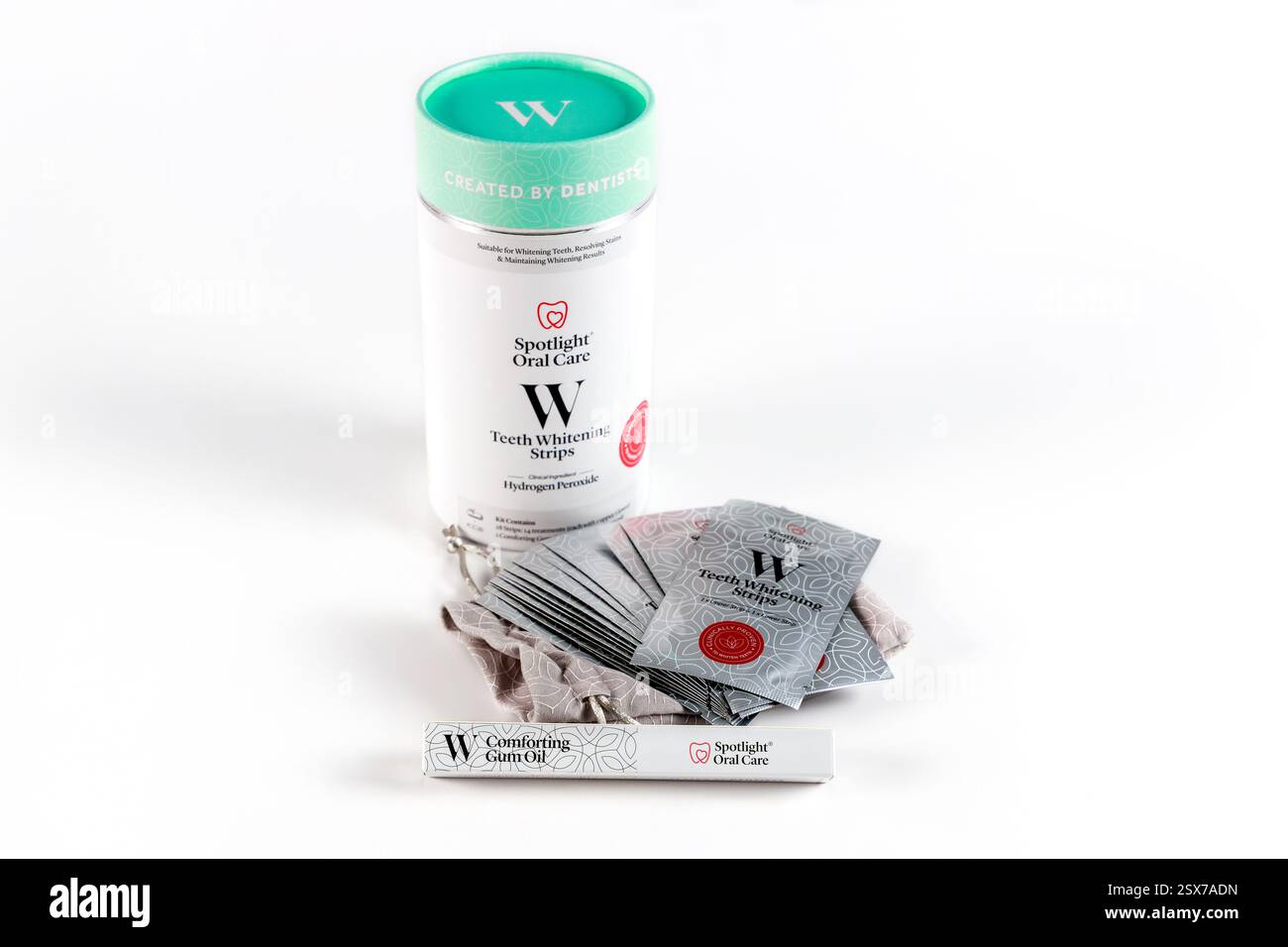 Teeth whitening products include strips, pen, and packaging for ...