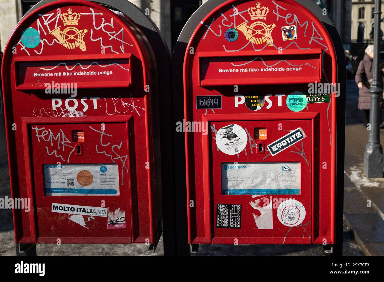 February 17, 2025, Copenhagen, Denmark: Two Danish red letter box ...