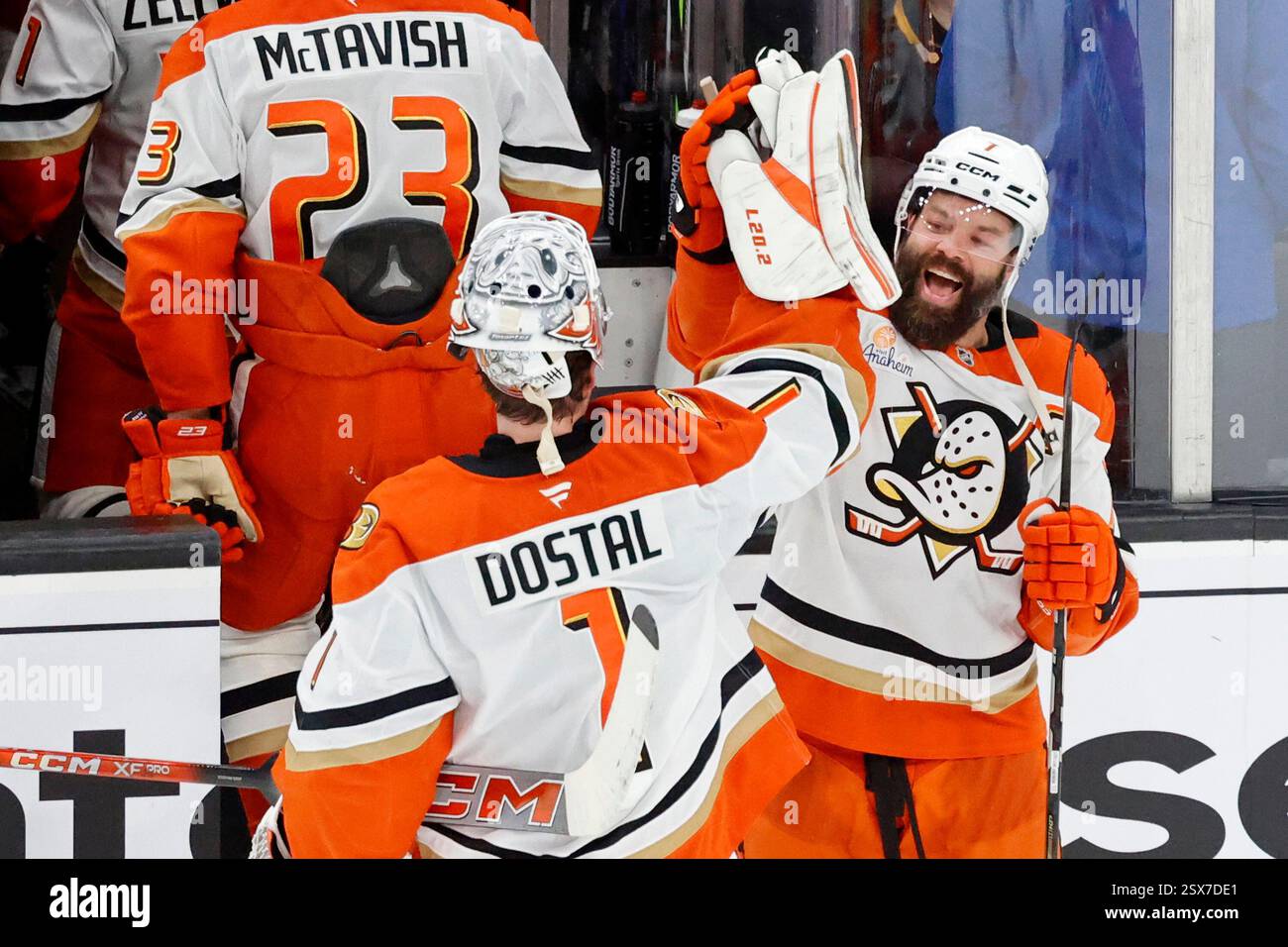 Anaheim Ducks defenseman Radko Gudas (7) congratulates goaltender Lukas ...