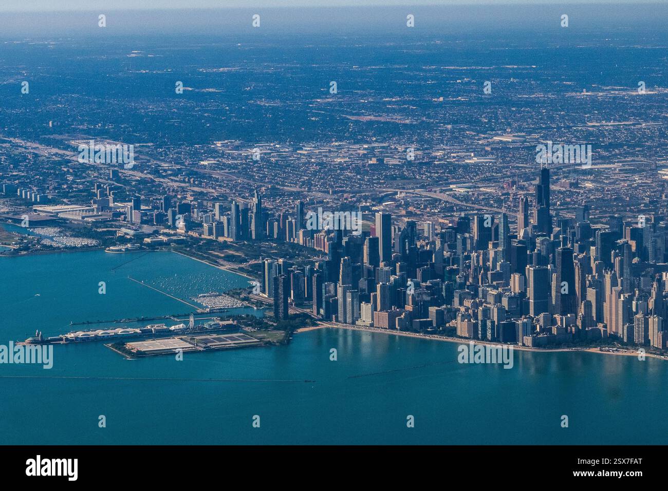 Chicago, Illinois - Aerial view of the Downtown Chicago skyline, Navy ...