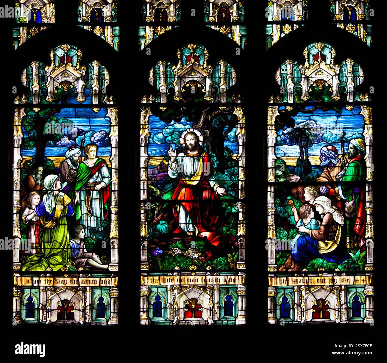 The stained glass window depicts a scene from the Bible, with Jesus ...