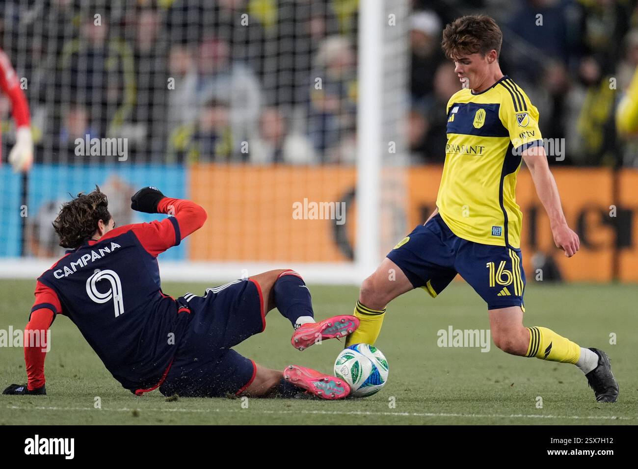 Nashville SC midfielder Matthew Corcoran (16) kicks the ball past New ...