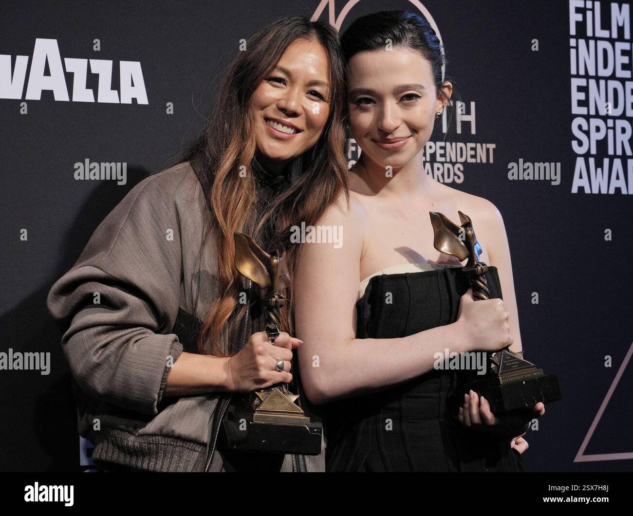 (L-R) Samantha Quan, winner of the Best Feature award for "Anora," and Mikey Madison, winner of ...