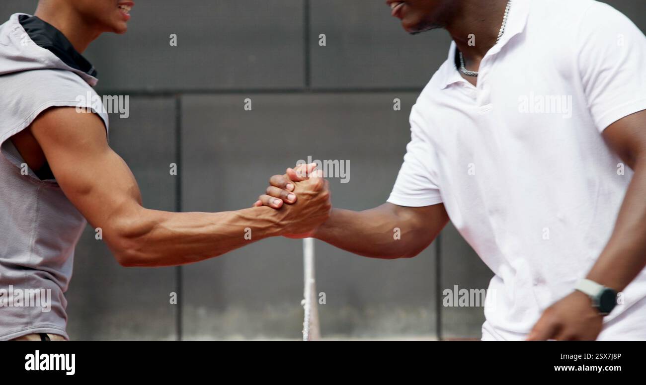 Sports, tennis court and hands of men with handshake for competition ...