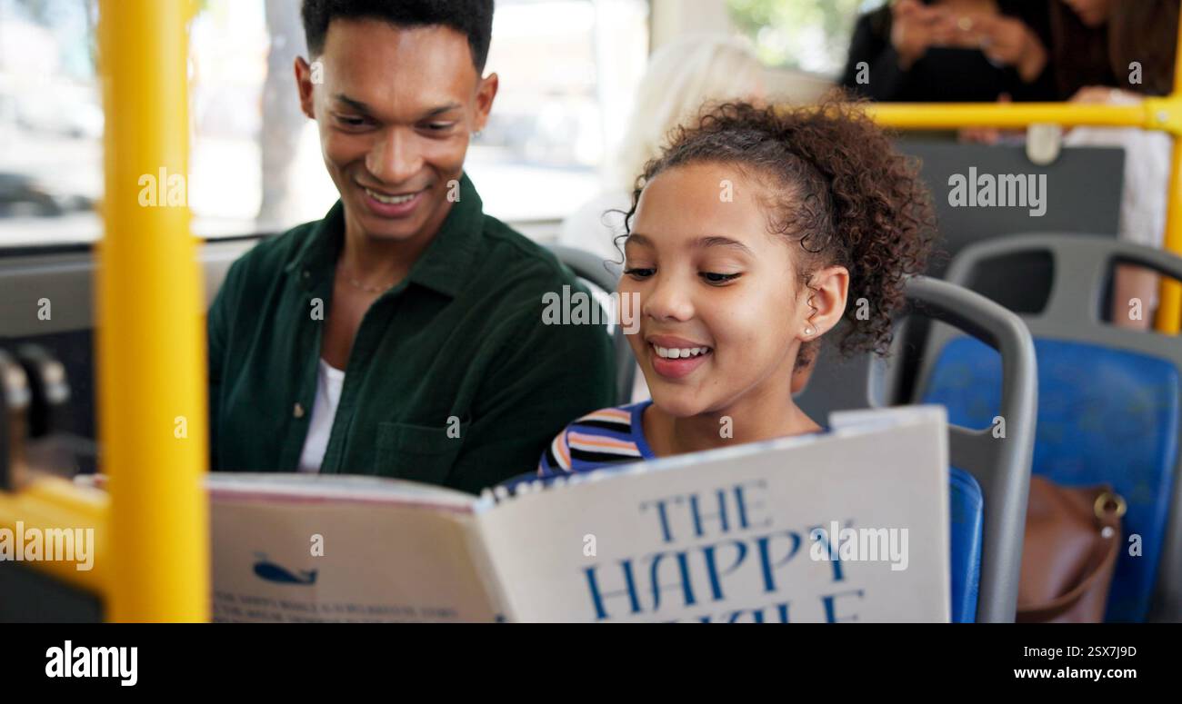 Parent, child and travel with book on transport for ride entertainment ...