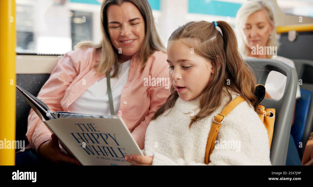 Mother, child and reading a book on transport for ride entertainment ...