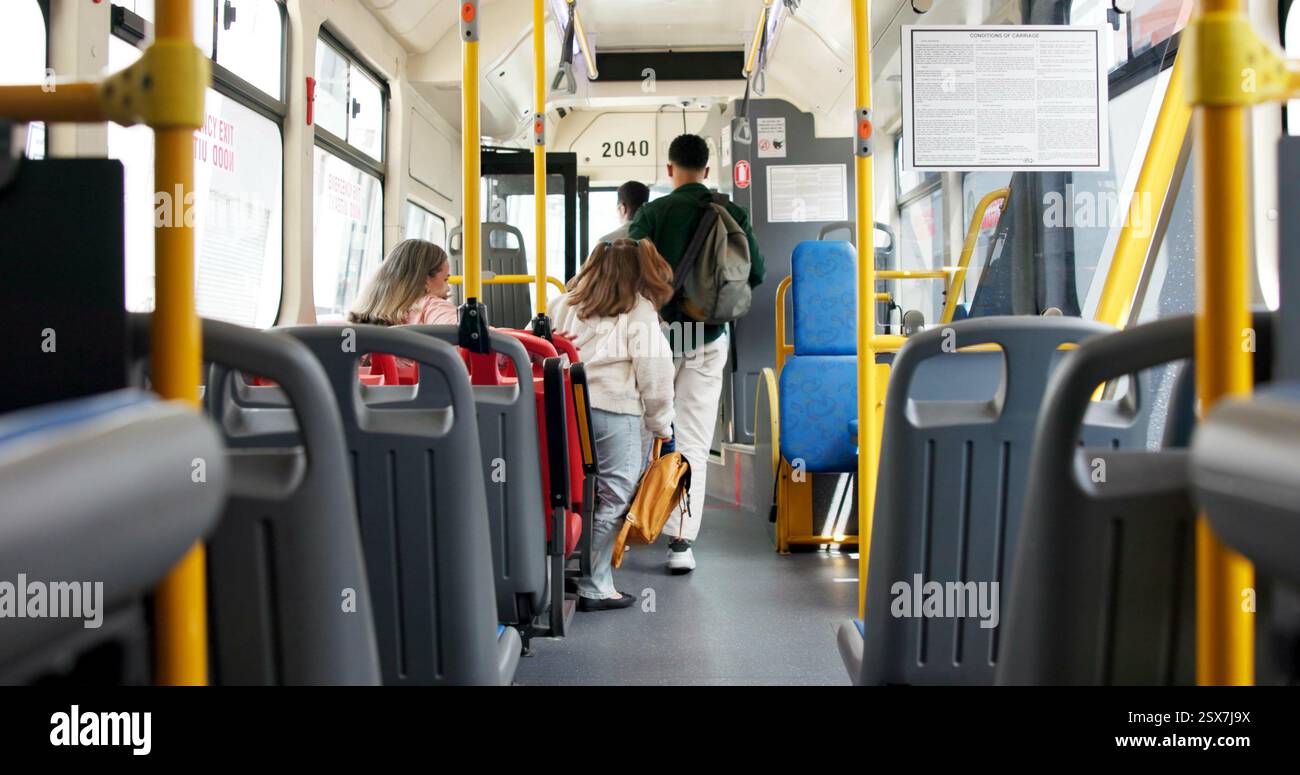 Travel, transport and people exit bus for ride destination, passenger ...