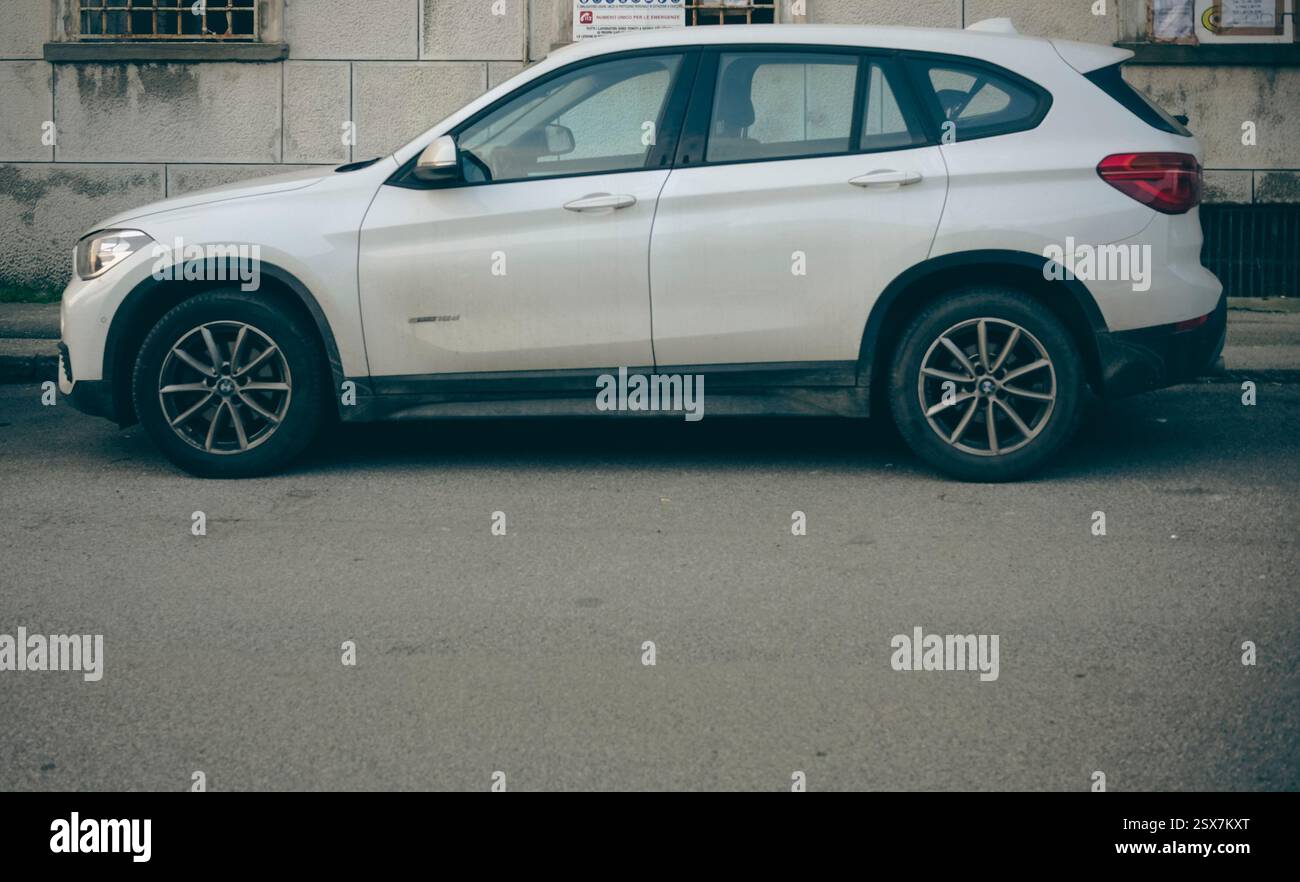 Cremona, Italy February 9th 2025 White BMW X1 sDrive18d xLine, model ...