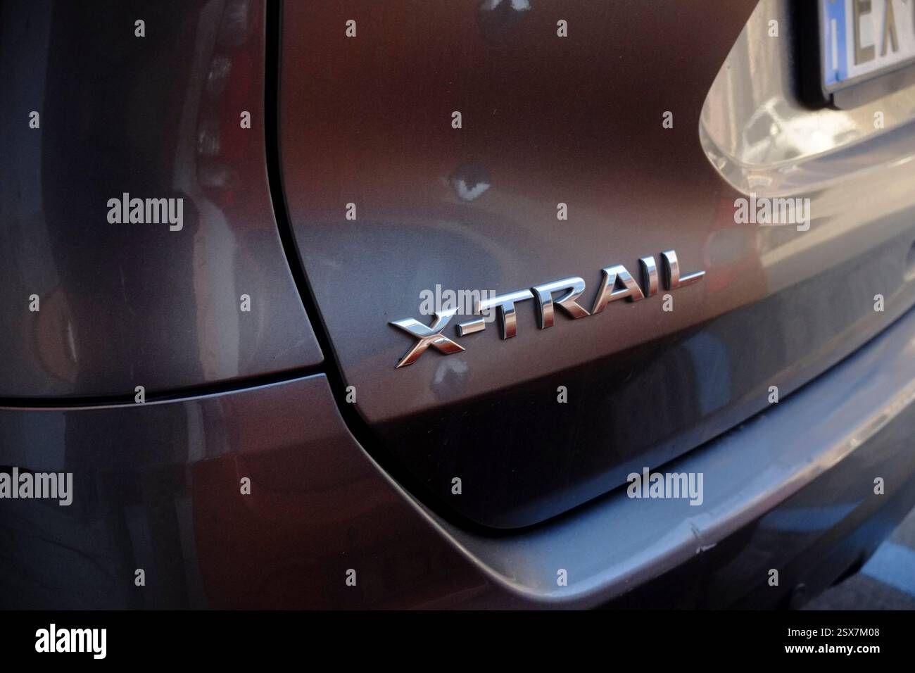 Cremona, Italy February 9th 2025 Close up of the Nissan X Trail logo ...