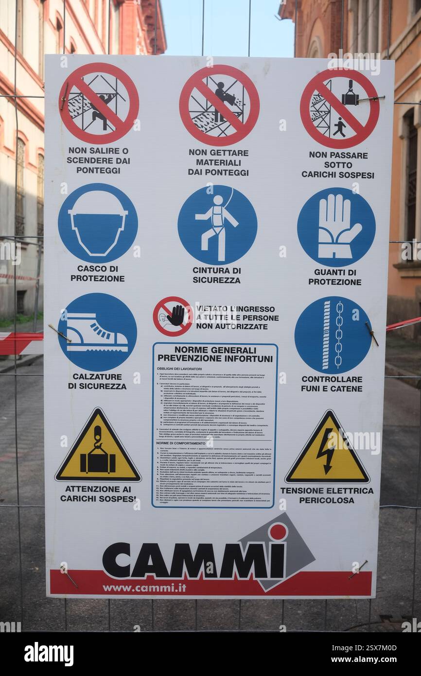 Cremona, Italy February 9th 2025 White construction site safety sign ...